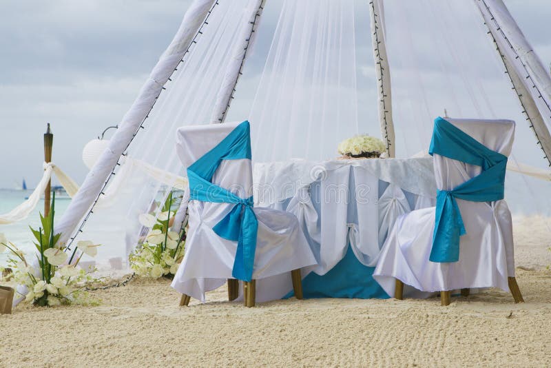 Wedding Arch, Table and Set Up on Beach Stock Photo - Image of chair ...