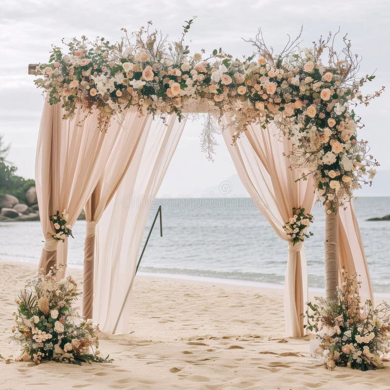 Wedding Arch on a White Sand Beach Stock Photo - Image of bouquet ...