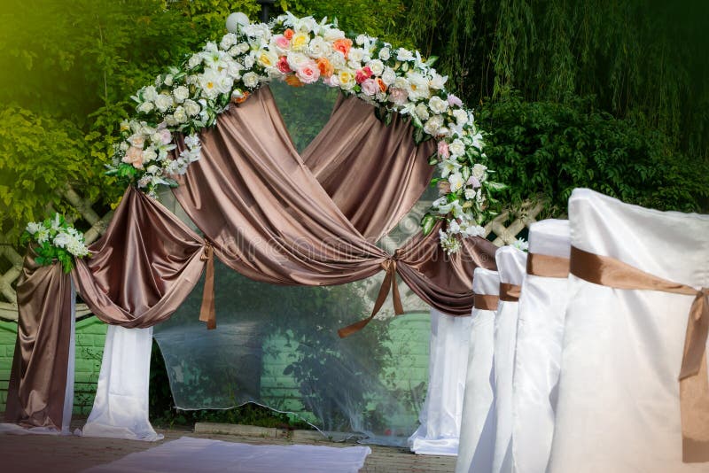 Wedding Archway with Flowers Arranged in Park Stock Image - Image of ...