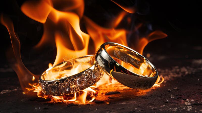 Wedding Band Rings on Fire Symbolizing Broken Marriage, Divorce ...