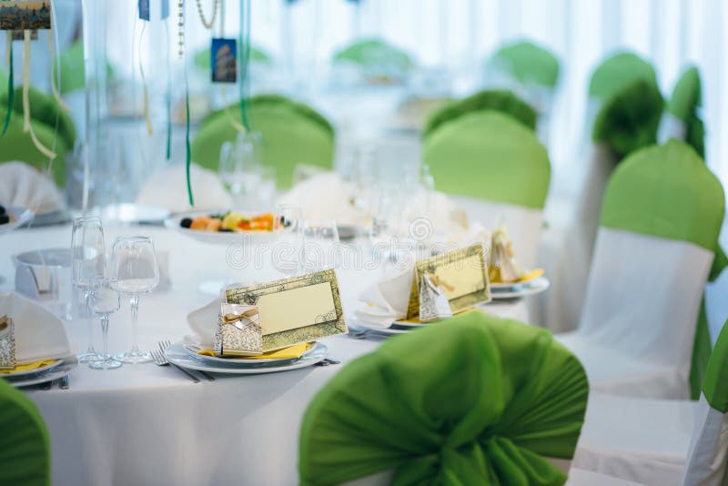 Wedding Banquet Hall Decoration with Postcards and Green Element Stock ...