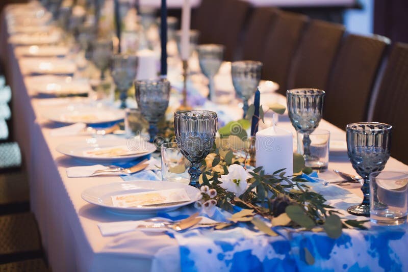 Wedding Banquet. Table Setting with Blue Glasses. Stock Image - Image ...