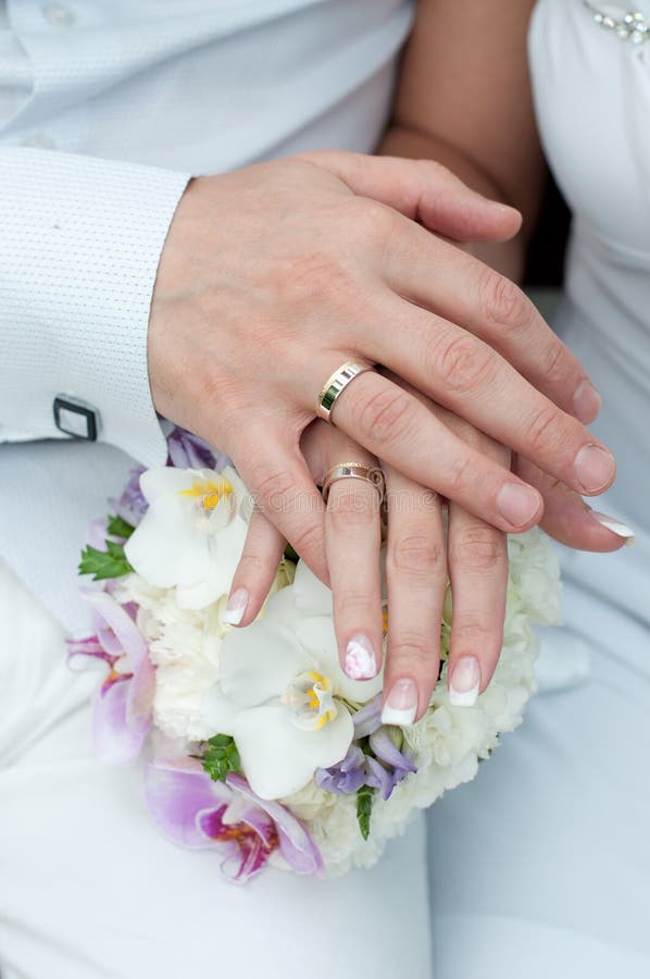 Wedding Bouquet with Hands and Rings Stock Image - Image of nature ...