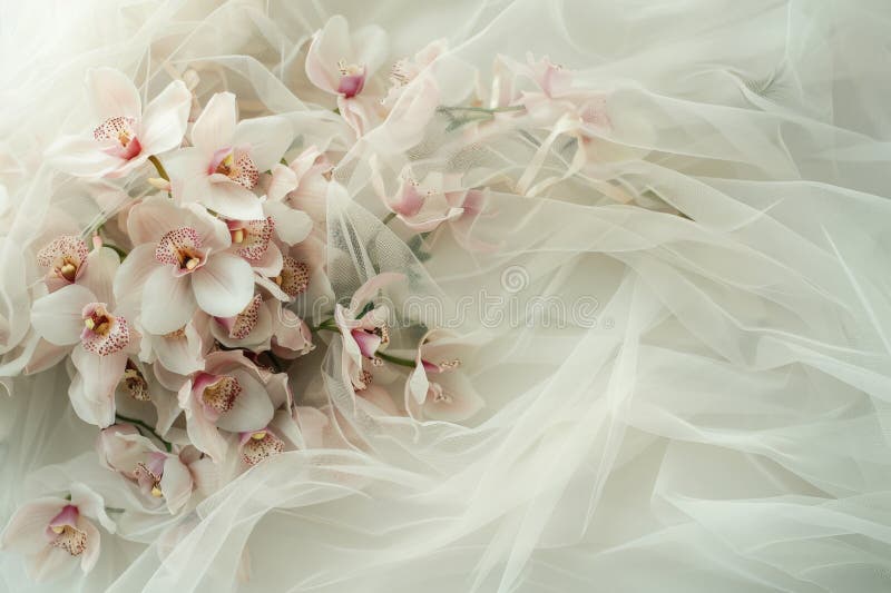Wedding Bouquet of Pink Orchids on a White Fabric Stock Illustration ...