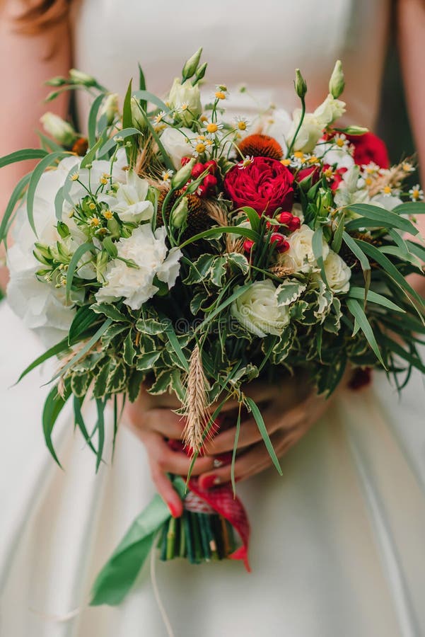 Wedding Bouquet Red and White in the Hands of the Bride Stock Image ...