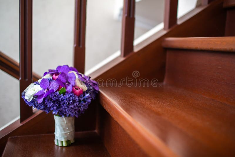 Wedding Bouquet Stands on a Wooden Staircase Stock Photo - Image of ...