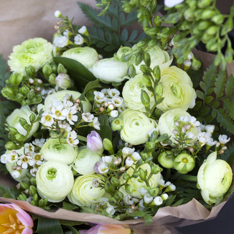 The Wedding Bouquet of White Ranunculus and Freesia Stock Photo - Image ...