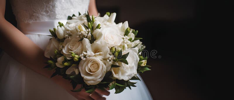 Wedding Bouquet of White Roses in the Hands of the Bride Stock ...