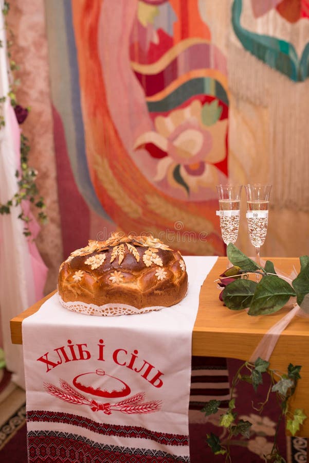 Closeup Wedding Loaf with Flowers on a Table. Wedding Bread. Stock ...