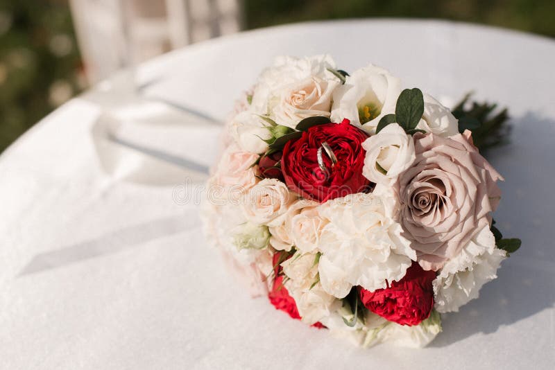 Wedding Bridal Bouquet on a White Table. Morning of the Bride Stock ...