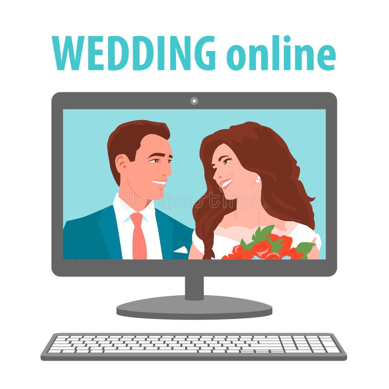 Wedding with the Bride and Groom Online with a Computer. Stock ...