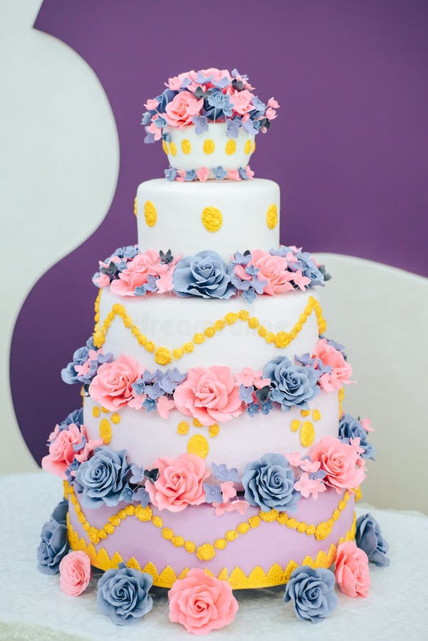 Wedding White Cake with Multi-colored Flowers from 5 Tiers Stock Image ...