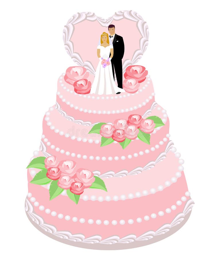 Wedding Cake Decorated Cream Roses and Heart and Bride and Groom ...