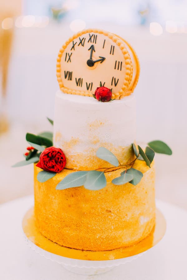 Wedding Cake Decorated with Clocks and Flowers Close Up Stock Image ...