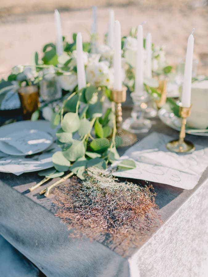 Wedding Cake with Decorations and Eucalyptus Leaves. Wedding Table ...