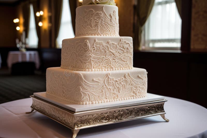Wedding Cake with Intricate Lace Pattern and Scrollwork on Top Tier ...