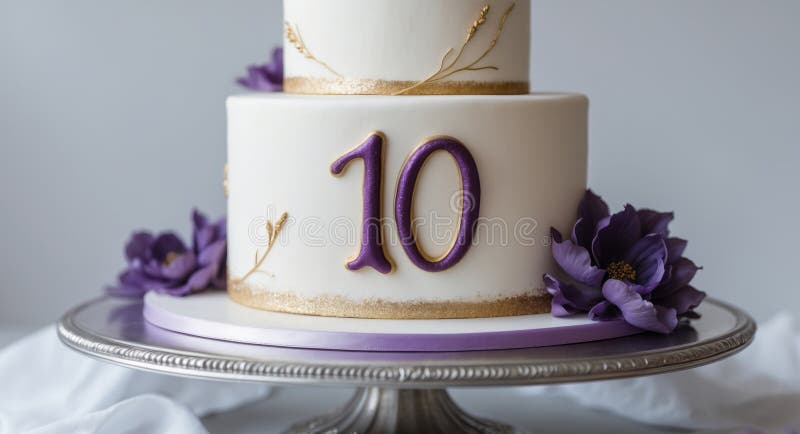 A Wedding Cake with the Numbers Ten in Gold and Violet on a Platter ...