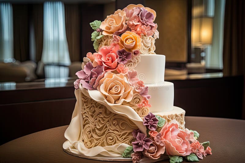 Wedding Cake with a Romantic Theme, Featuring Cascading Ribbons and ...