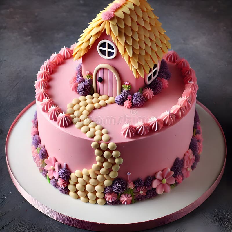 Wedding Cake with Sugar Flowers and Little House on Top Stock ...