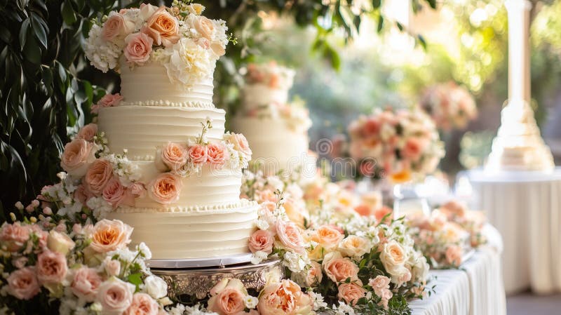 A Wedding Cake on a Table with Flowers and a White Tablecloth Stock ...