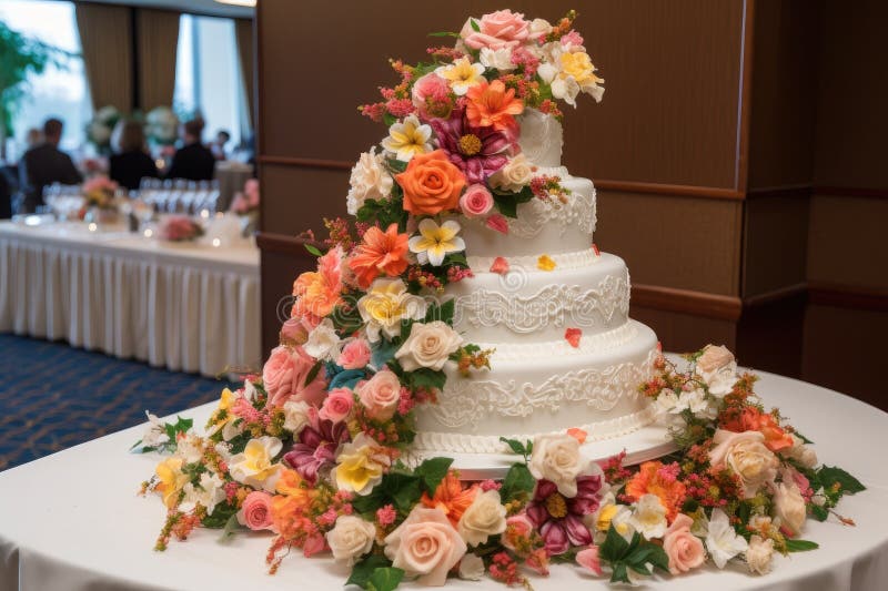 A Wedding Cake with a Traditional Design and Cascading Flowers Stock Illustration - Illustration ...