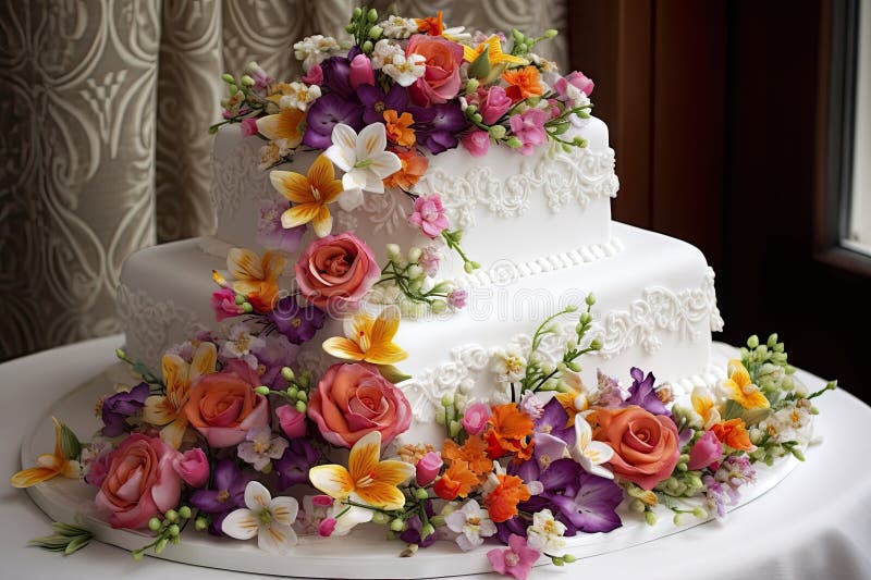 A Wedding Cake with a Traditional Design and Cascading Flowers Stock Illustration - Illustration ...