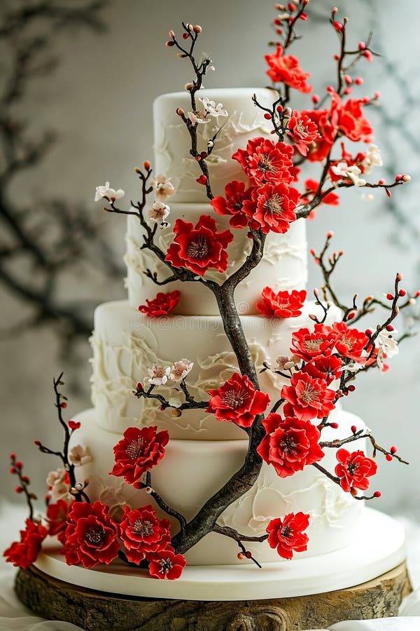 Wedding Cake with Tree Theme Features Red Flowers. Generative AI Stock ...