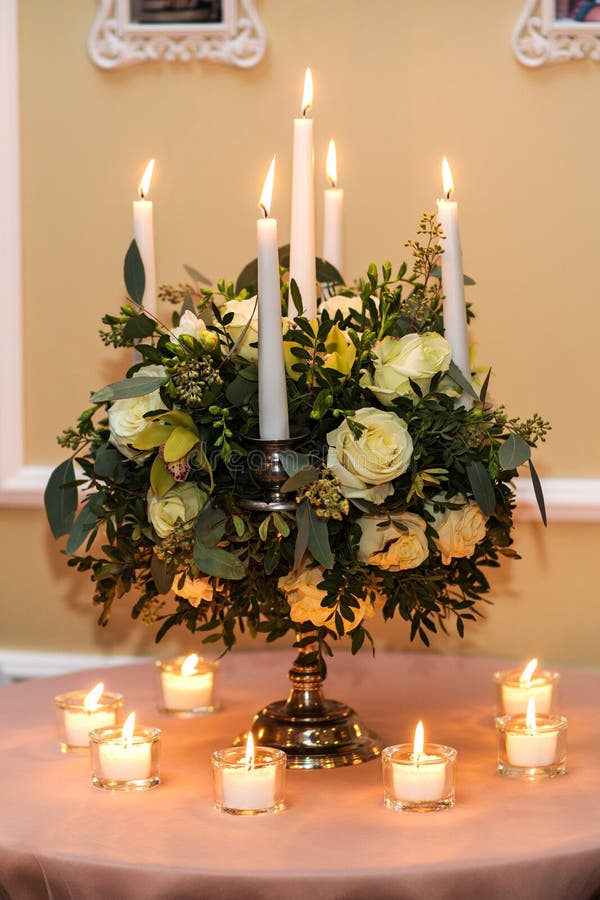 Wedding Candlestick with Flower Decoration Stock Photo - Image of ...