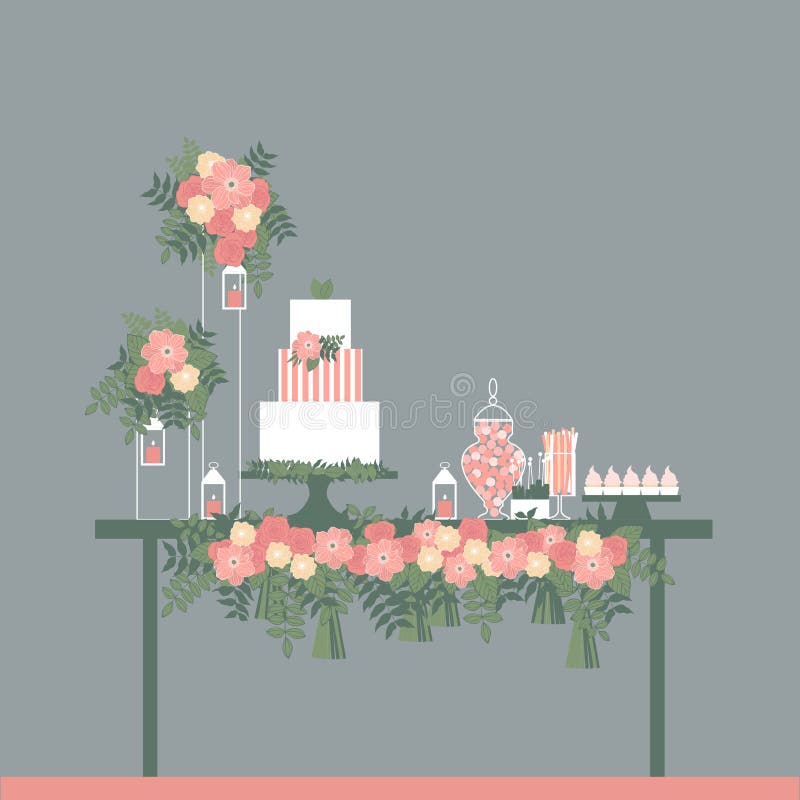 Wedding Candy Bar with Cake and Flowers. Dessert Table Stock Vector ...