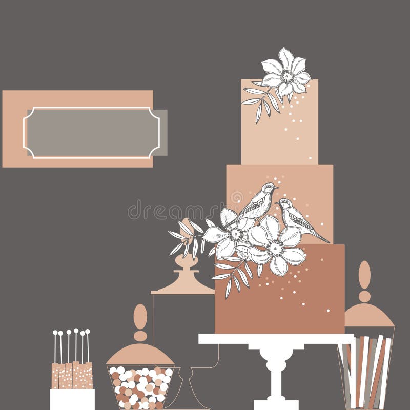 Wedding Candy Bar with Cake and Flowers. Dessert Table. Vector ...