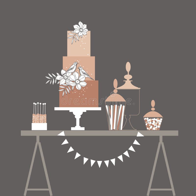 Wedding Candy Bar with Cake and Flowers. Dessert Table. Vector ...