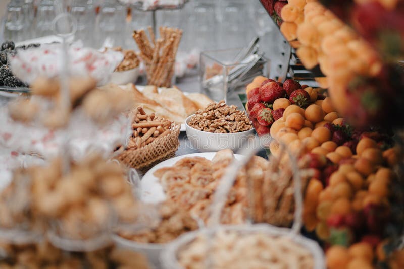 Wedding Candy Bar with Nuts, Fruits and Pastry Stock Photo - Image of ...