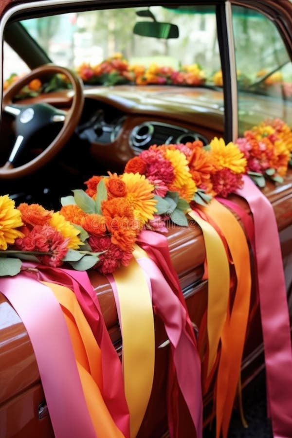Wedding Car Decorated with Ribbons and Flowers Stock Illustration ...