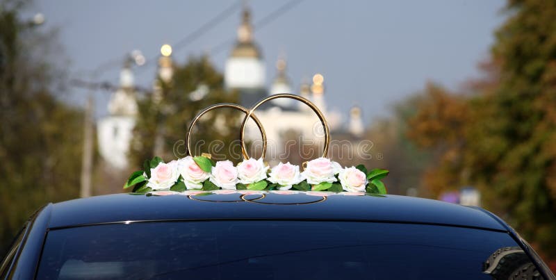 Wedding Car Decorated with Rings Bells and Flowers Stock Image - Image ...