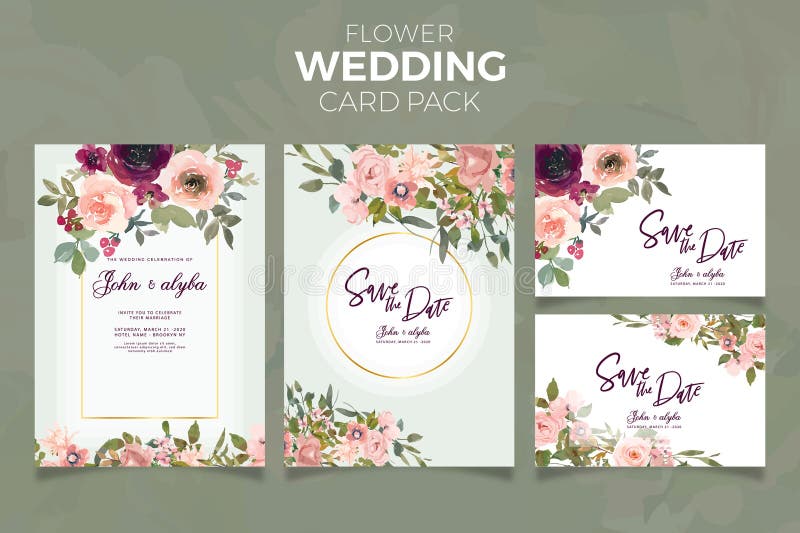 Set of Card with Flower Rose, Leaves. Wedding Ornament Concept. Floral ...