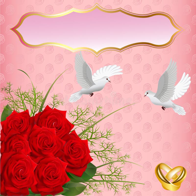 Wedding Card with Roses and Rings Pigeons Stock Illustration ...