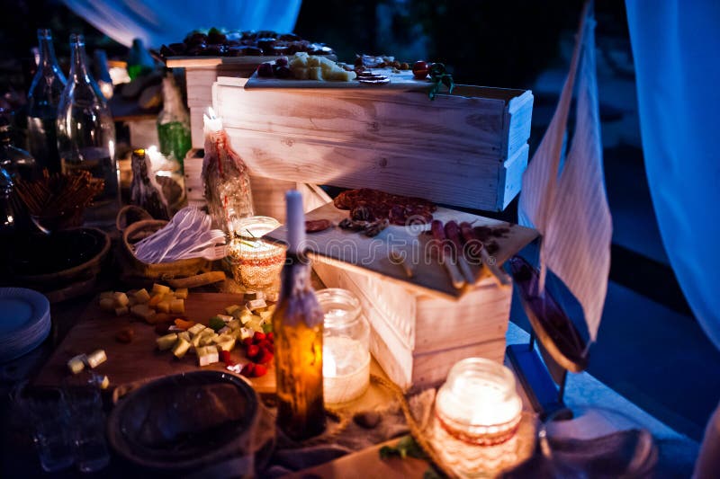 Wedding Catering Table with Different Food at Night Outdoor. Stock ...