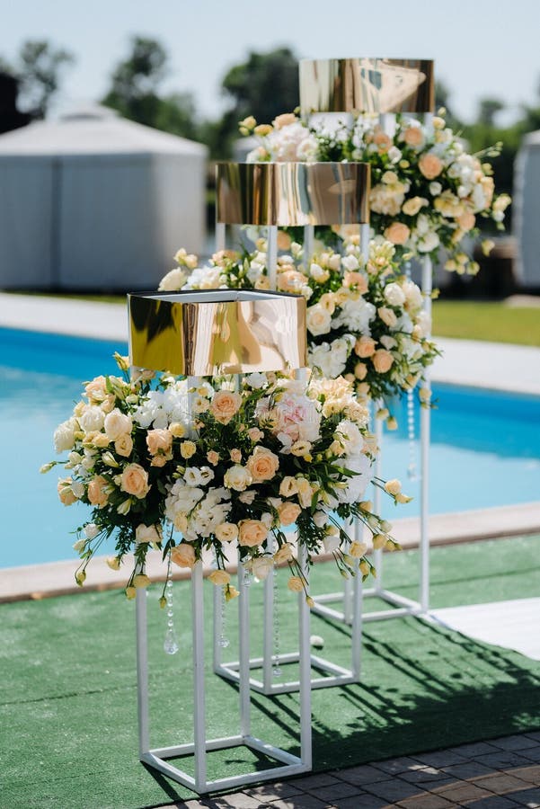 Wedding Ceremony Area on a Blue Pool Background Stock Image - Image of ...