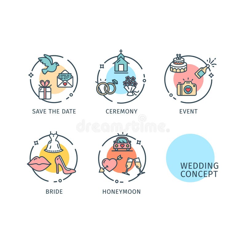 Wedding Ceremony Concept Thin Line Icons Labels Set. Vector Stock ...