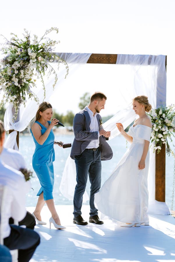 Wedding Ceremony on a High Pier Near the River Stock Photo - Image of ...