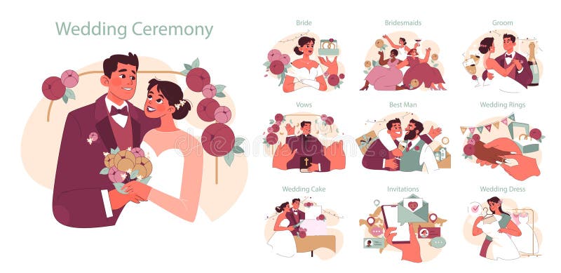 Wedding Ceremony Set. Flat Vector Illustration. Stock Vector ...