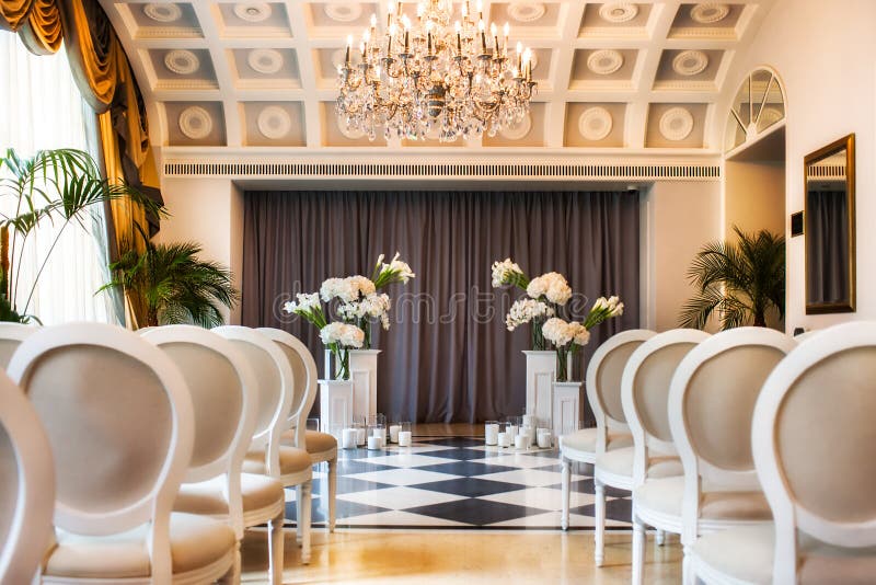 Wedding Ceremony Set Up Inside. Stock Photo - Image of blossom, floral ...