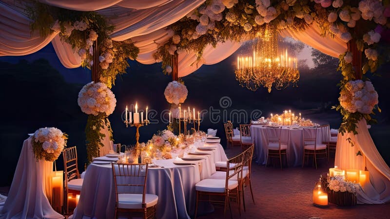 Wedding Ceremony with Table and Chandelier at Night Stock Illustration ...