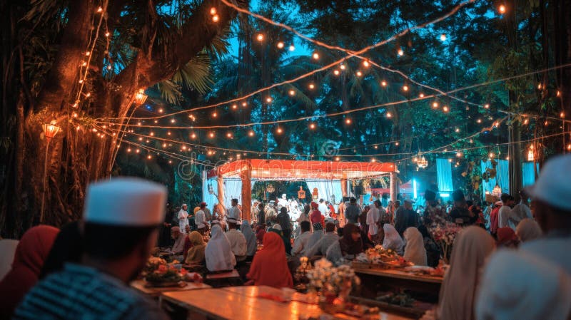 Wedding Ceremony Under String Lights at Night Stock Illustration ...