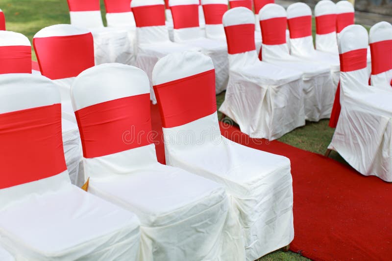 Wedding Chairs with Red Ribbon Stock Photo - Image of decoration ...