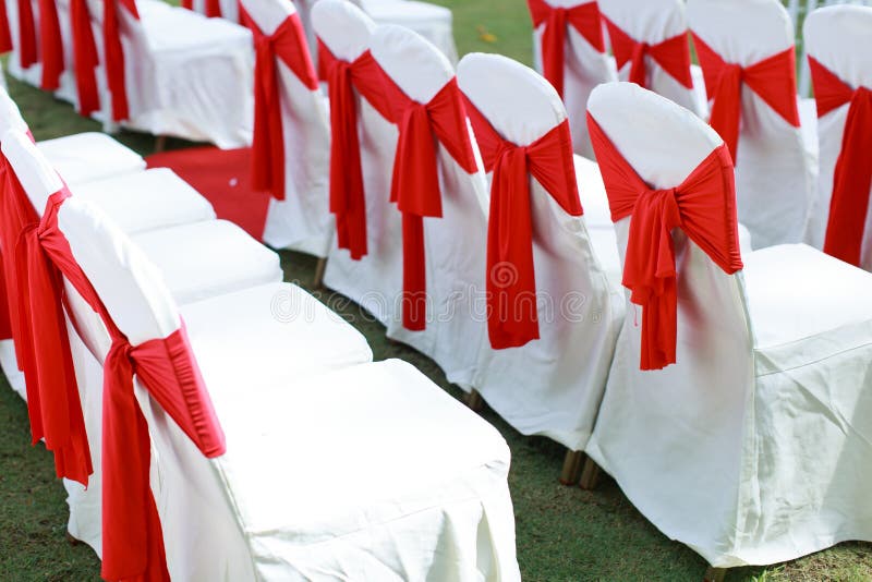 Wedding Chairs with Red Ribbon Stock Photo - Image of ceremony ...