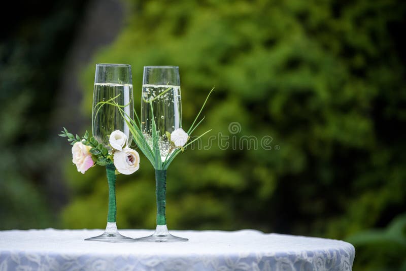 Wedding Champagne Glass Decor on Table Ceremony Stock Photo - Image of ...