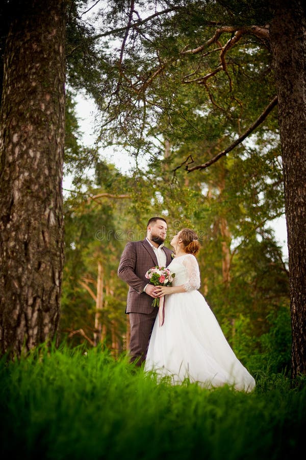Wedding Concept. Bride and Groom in Green Park in a Summer Day Stock ...
