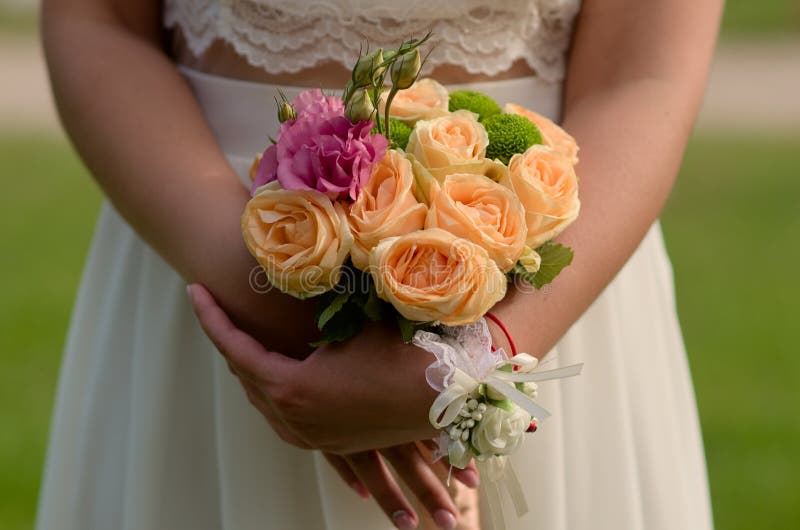 Wedding Concept. Happy Bride with Wedding Bouquet, Close Up Stock Image ...