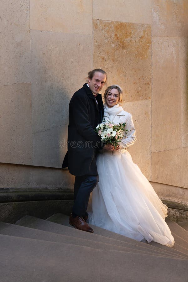Wedding Couple. the Bride and Groom are Standing on Steps. View from ...